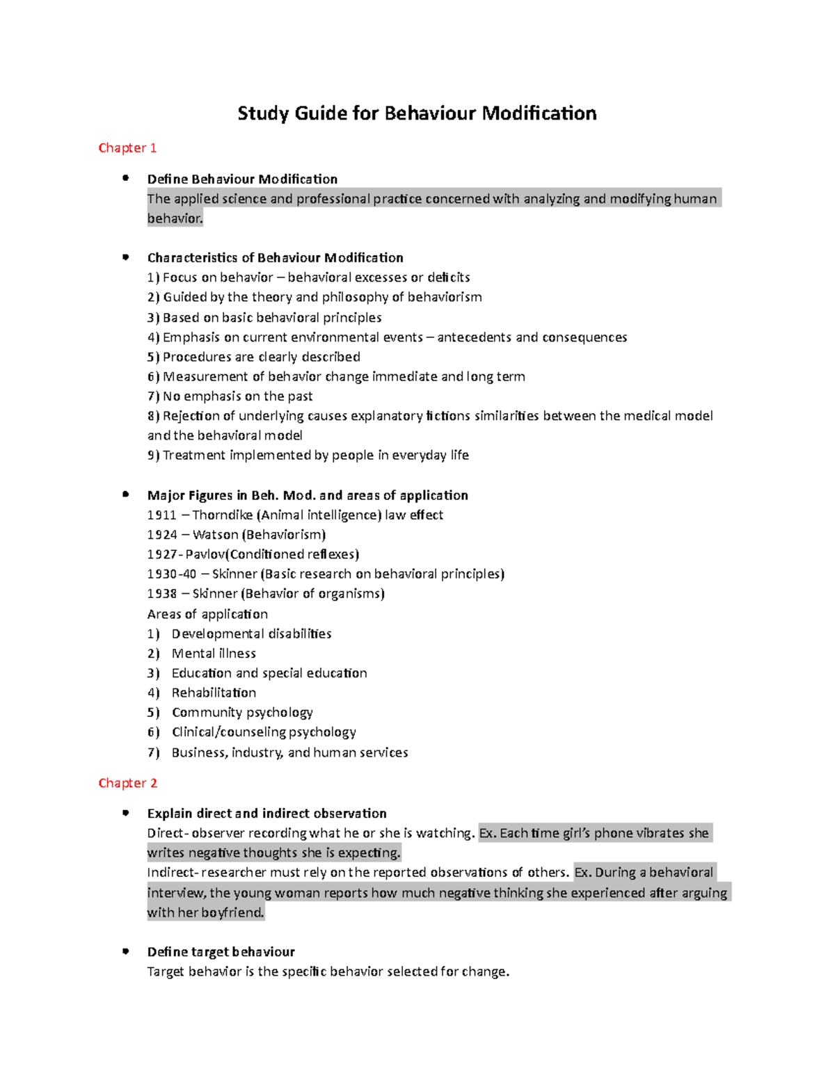 Study Guide for Behaviour Modification Mid Term - Study Guide for ...