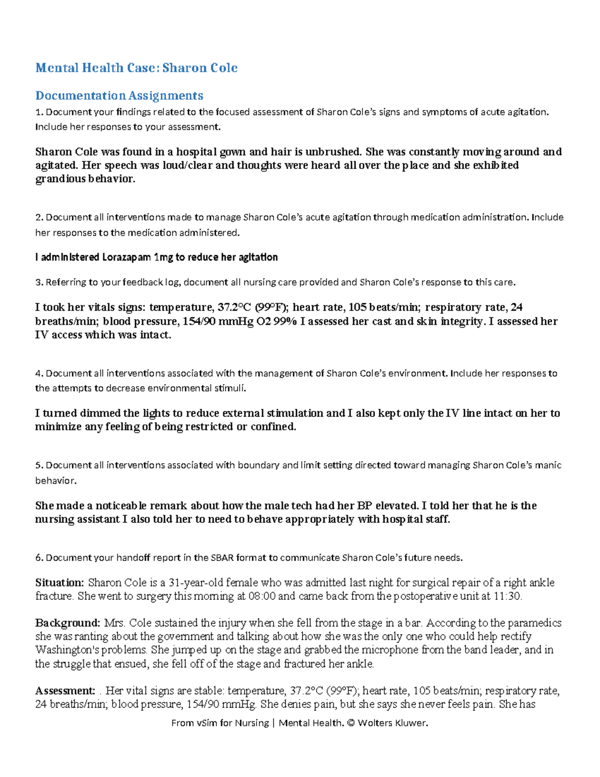 V Sim2 - med surge - Mental Health Case: Sharon Cole Documentation ...