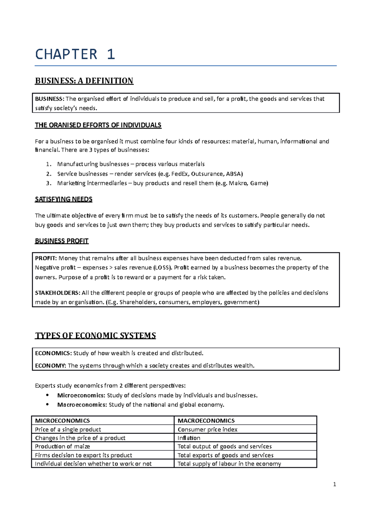 Chapter 1 - CHAPTER 1 BUSINESS: A DEFINITION BUSINESS: The organised ...