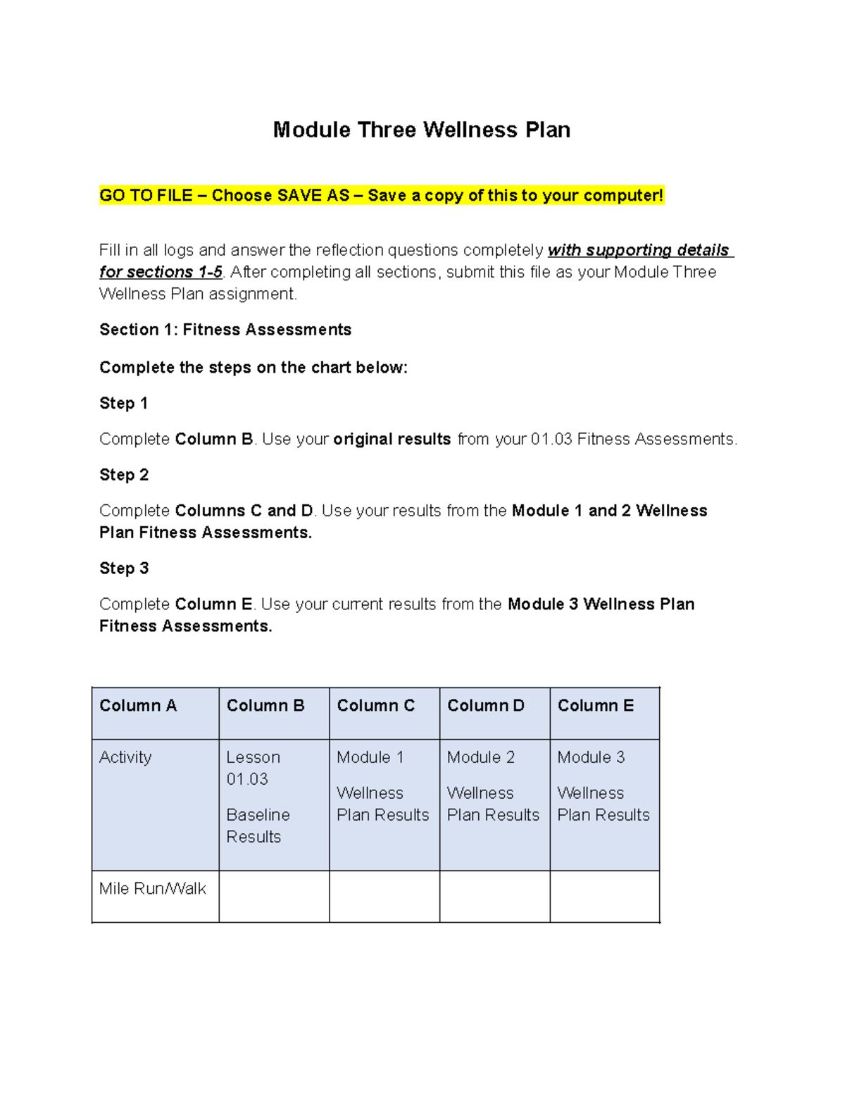 Module three wellness plan - Module Three Wellness Plan GO TO FILE ...