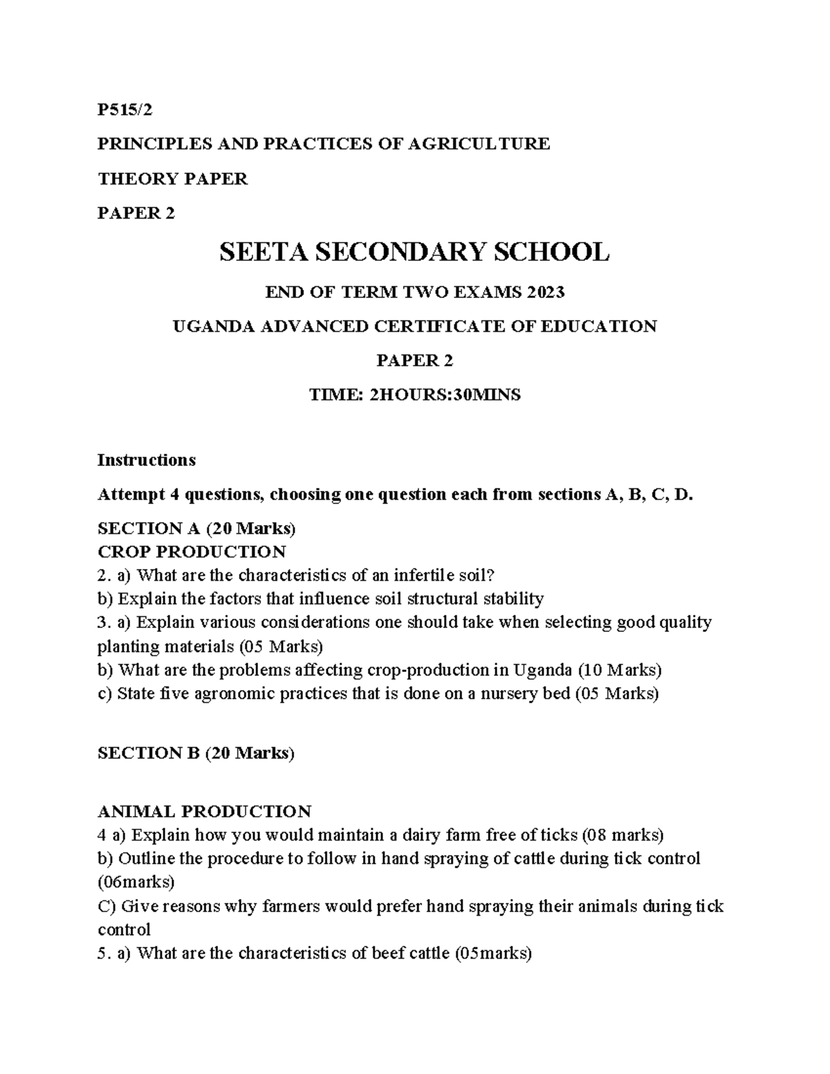 S.5 agric enf of term 2 exam - P515/ PRINCIPLES AND PRACTICES OF ...