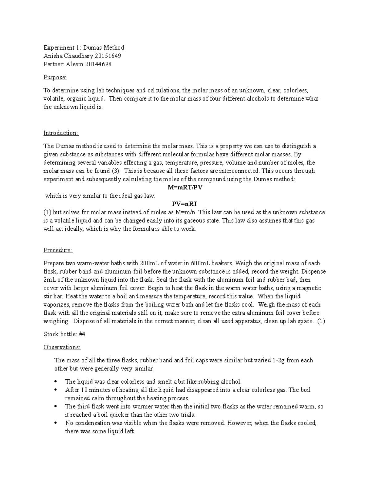 Dumas Method - Anisha Chaudhary (1) - Experiment 1: Dumas Method Anisha ...