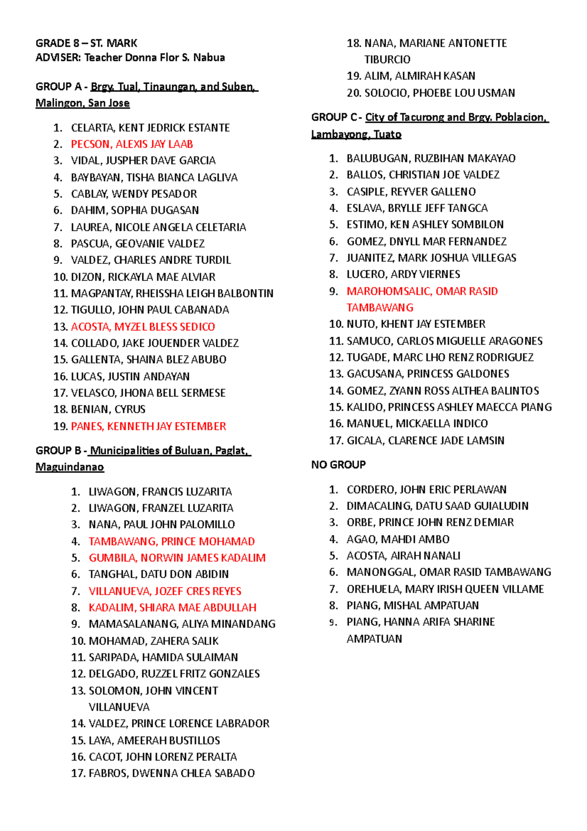 Class Groupings ( Final) - GRADE 8 – ST. MARK ADVISER: Teacher Donna ...