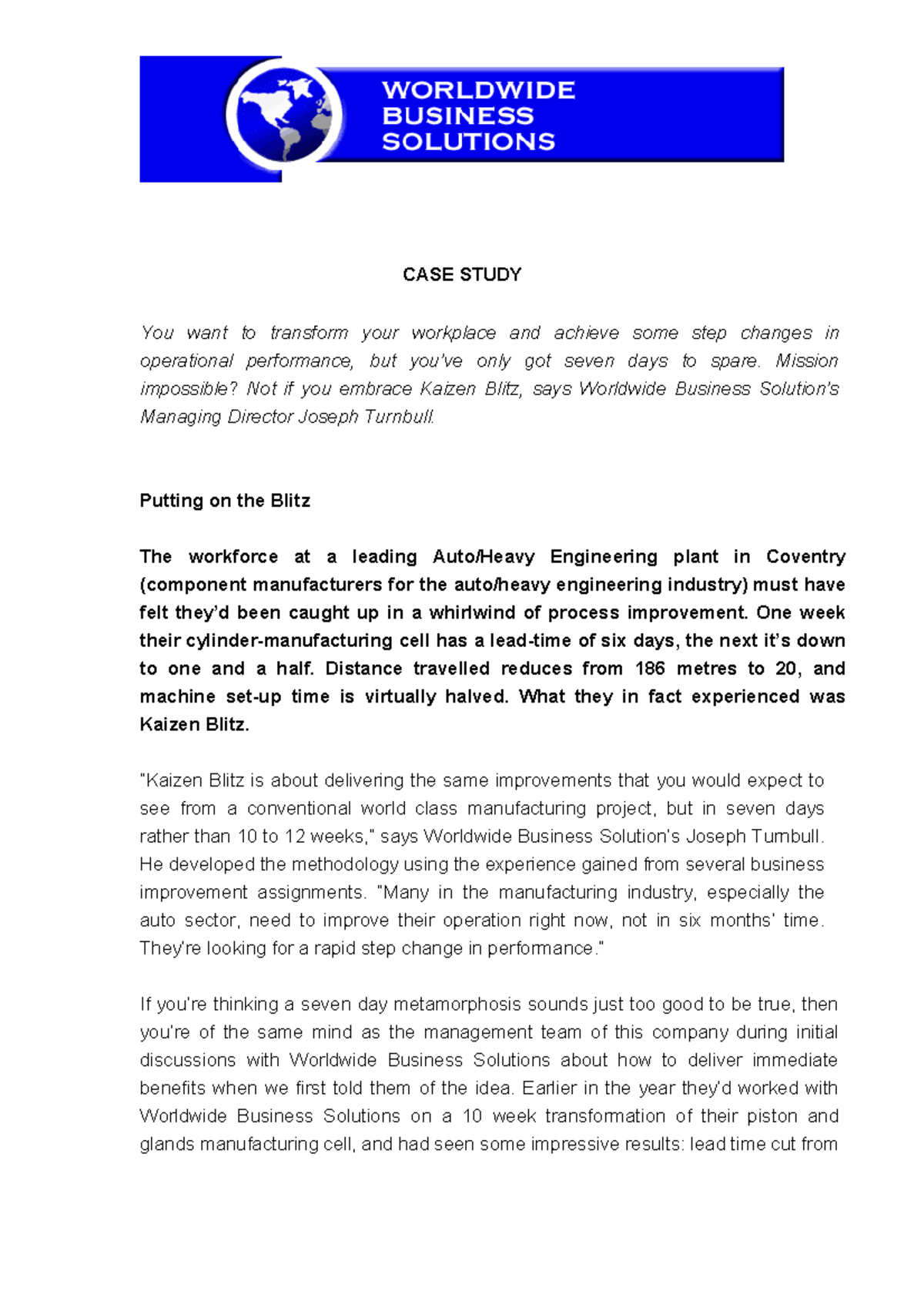 Kaizen Blitz Case Study - Leading Auto c - CASE STUDY You want to transform your workplace and ...