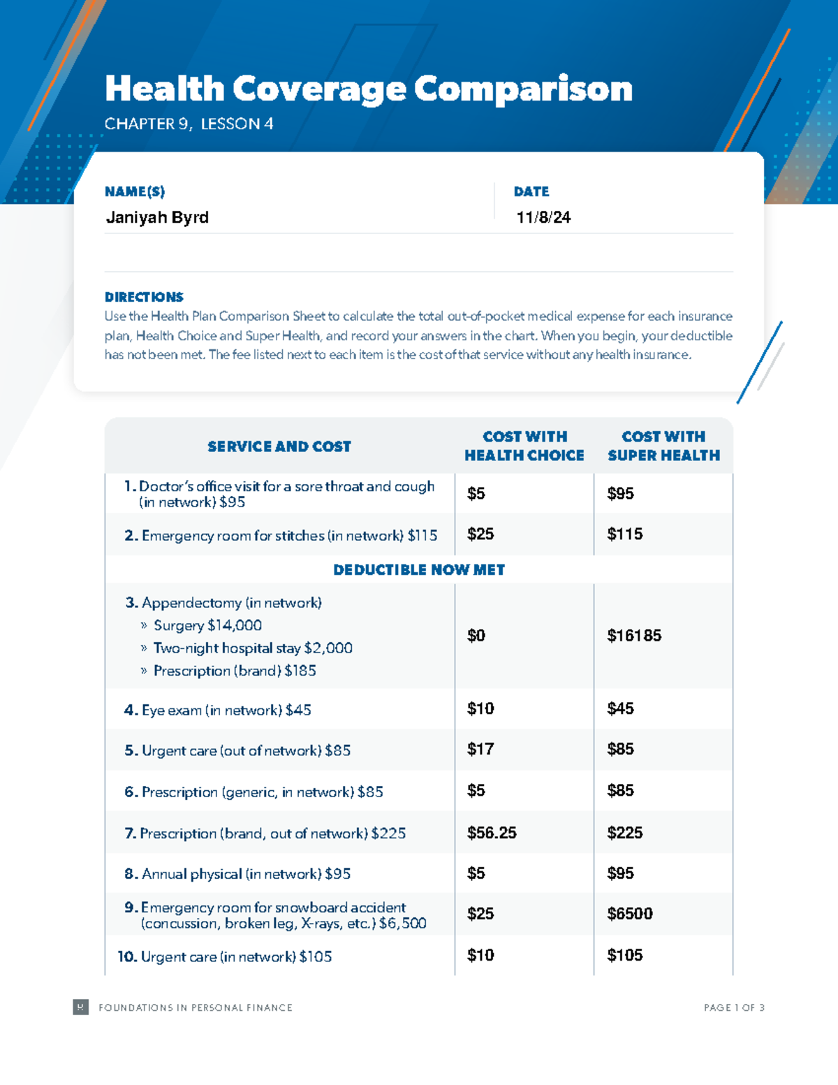 Activity for Ramsey 9 - FO U N DAT I O N S IN PERSONAL FINANCE Health ...