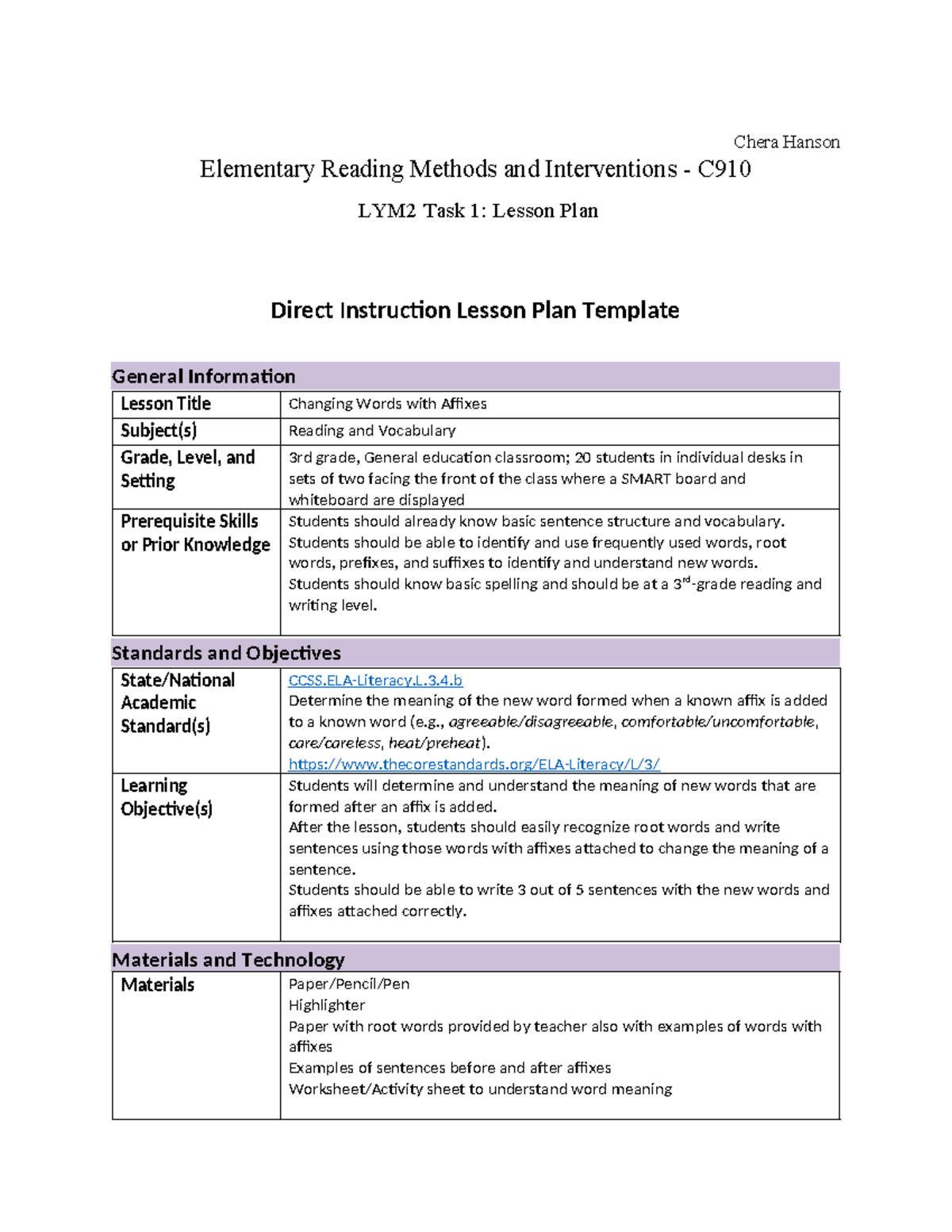 Task 1 Elem Reading Lesson Plan LYM2 - Chera Hanson Elementary Reading Methods and Interventions ...