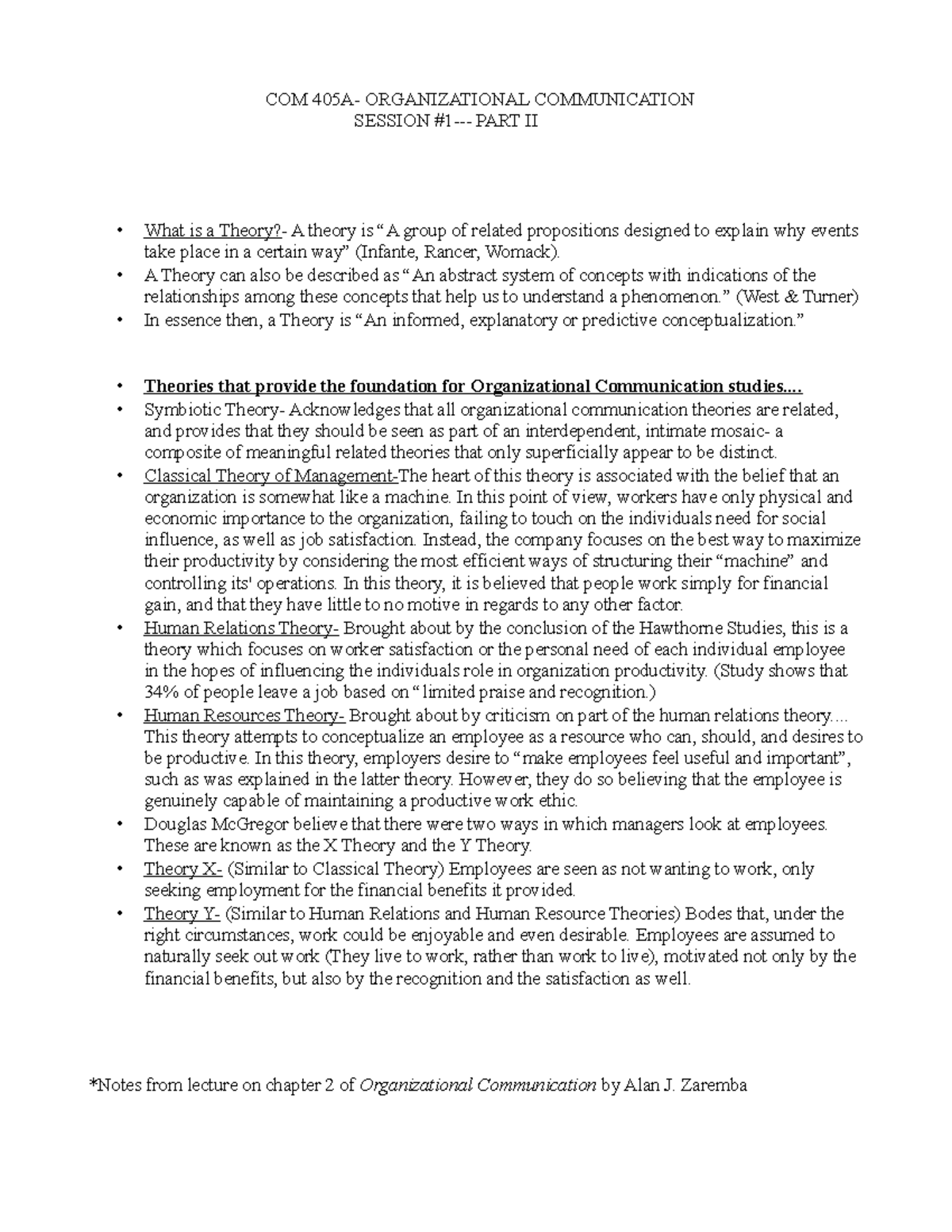 COM 405A Session 1 PART II - COM 405A- ORGANIZATIONAL COMMUNICATION ...