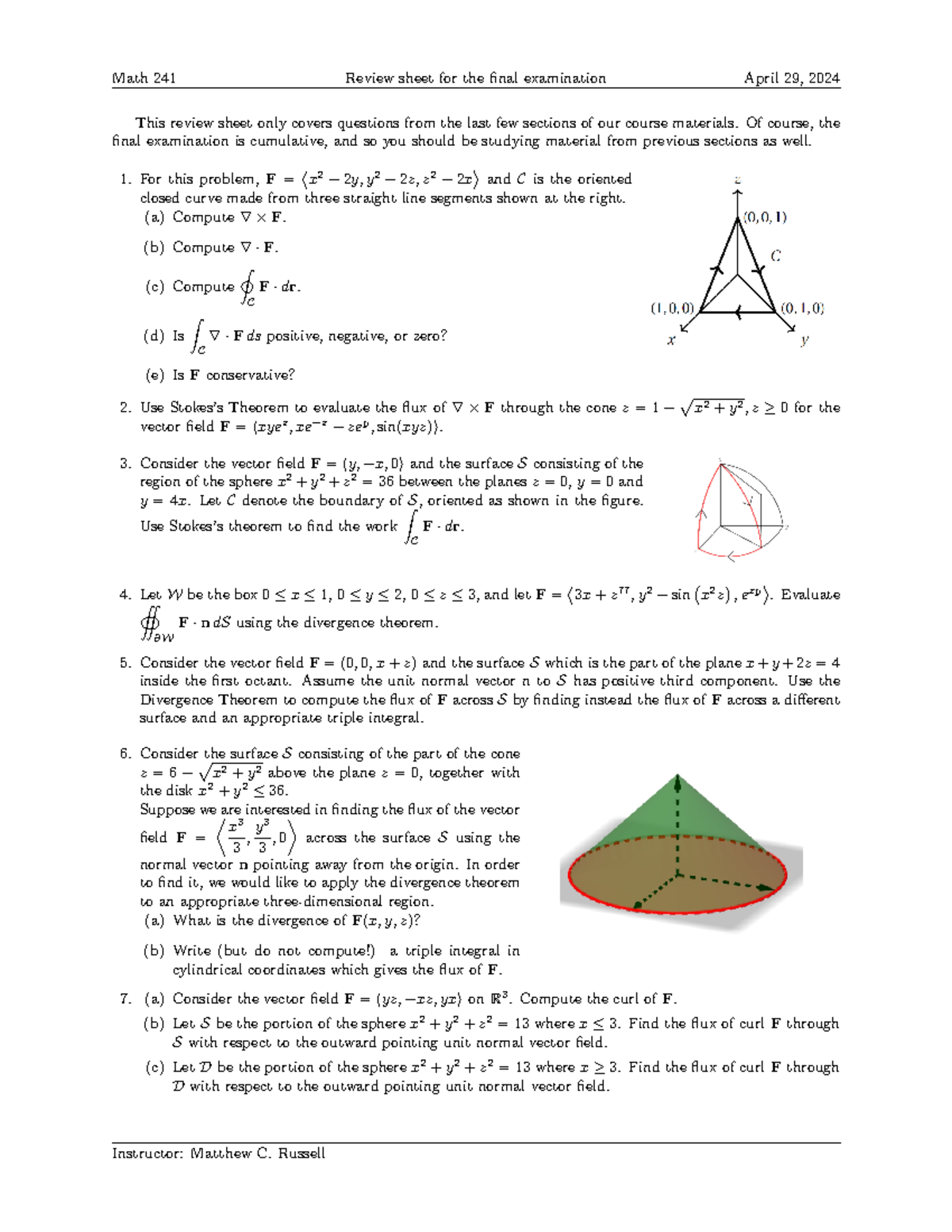Final examination review sheet - Math 241 Review sheet for the final ...