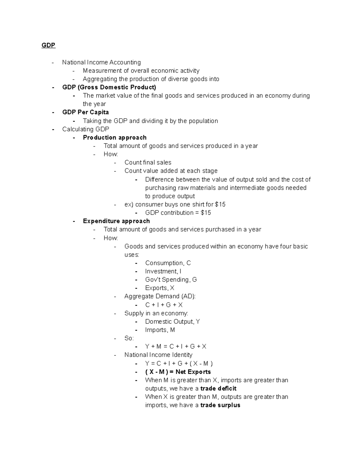 GDP - GDP notes - GDP National Income Accounting Measurement of overall ...