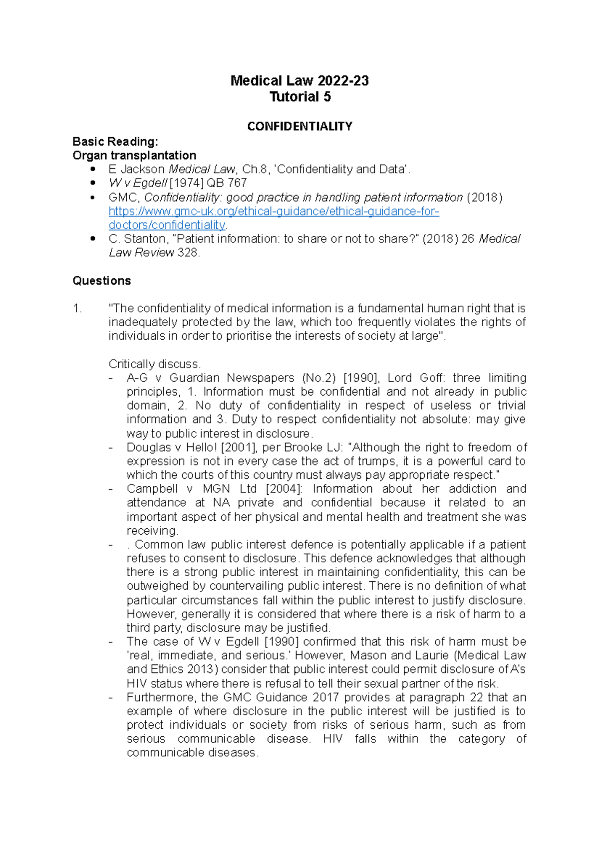 Tutorial 5 Confidentiality - Medical Law 2022- Tutorial 5 ...
