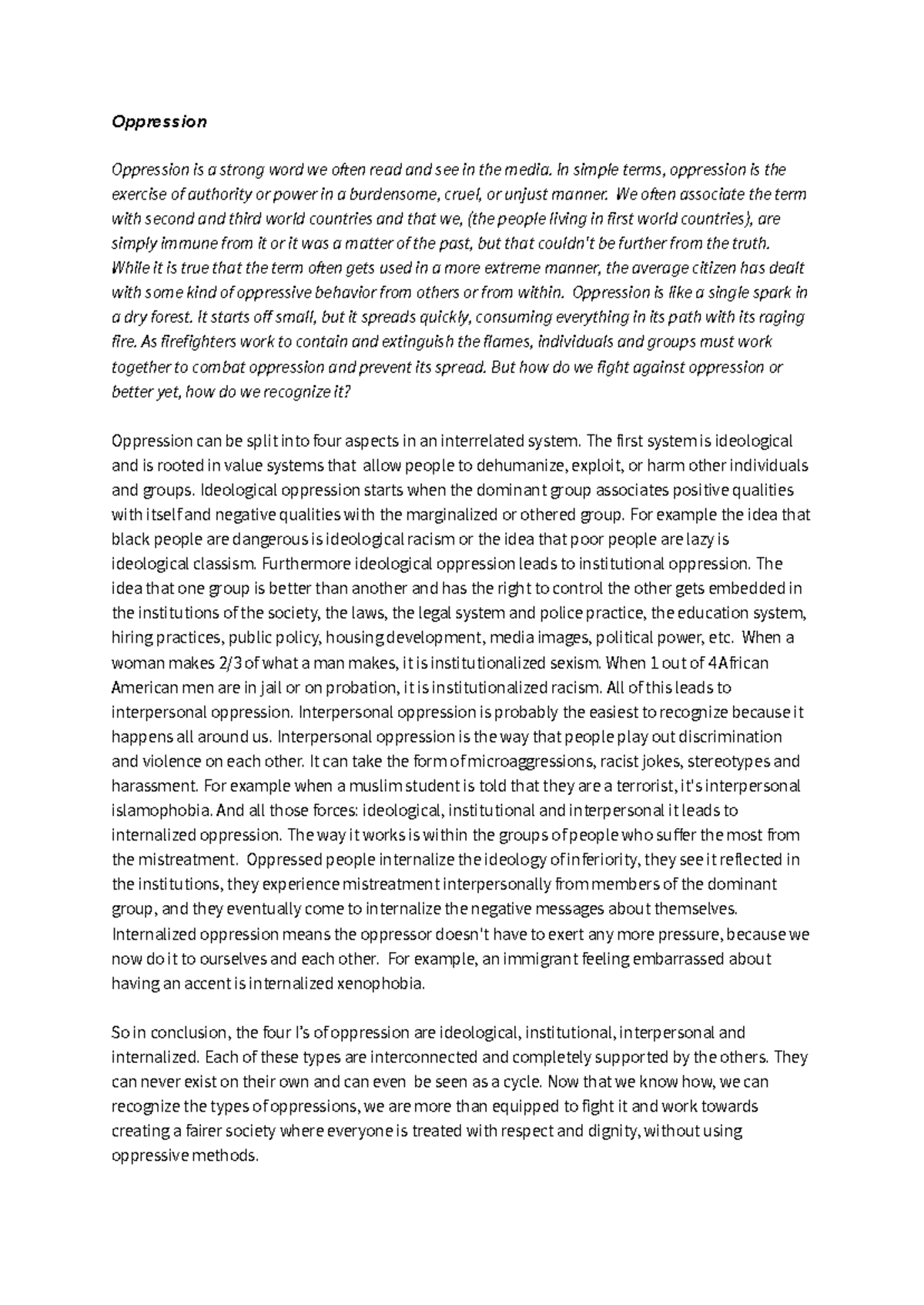 The four I's of Oppression - Oppression Oppression is a strong word we ...