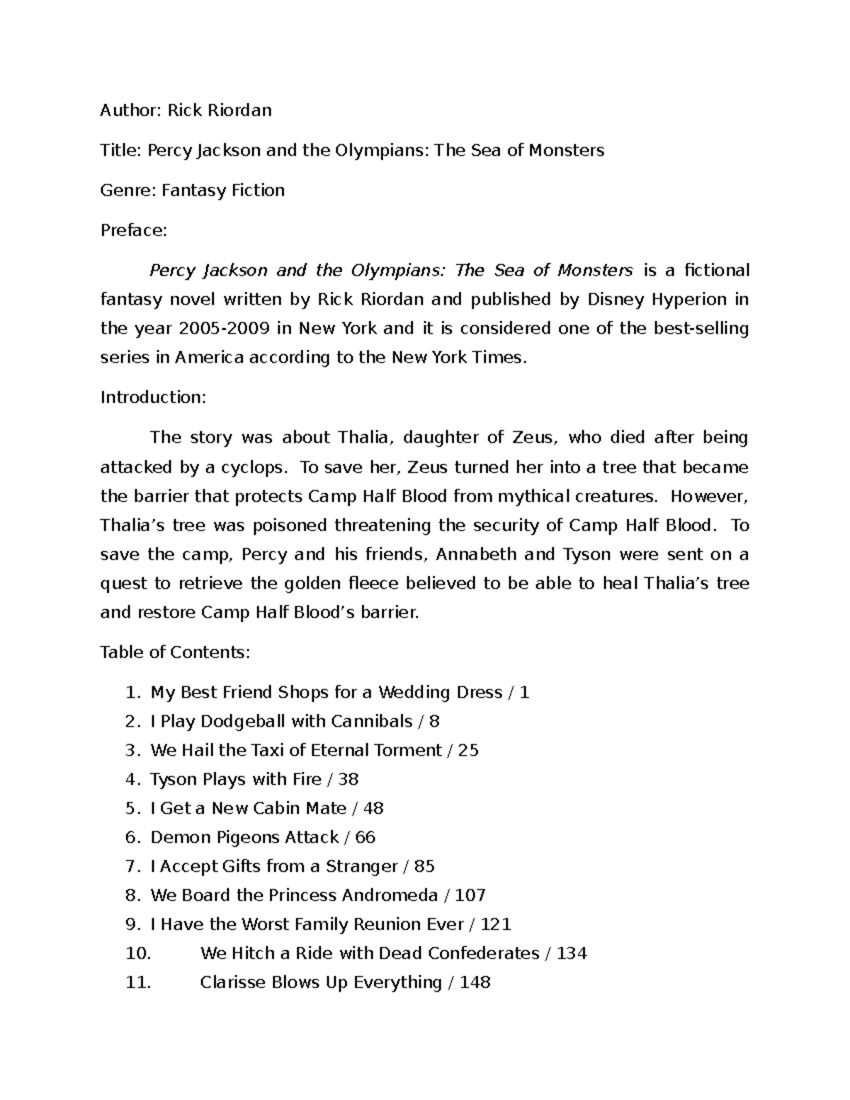 Plot Summary 2 - Author: Rick Riordan Title: Percy Jackson and the ...