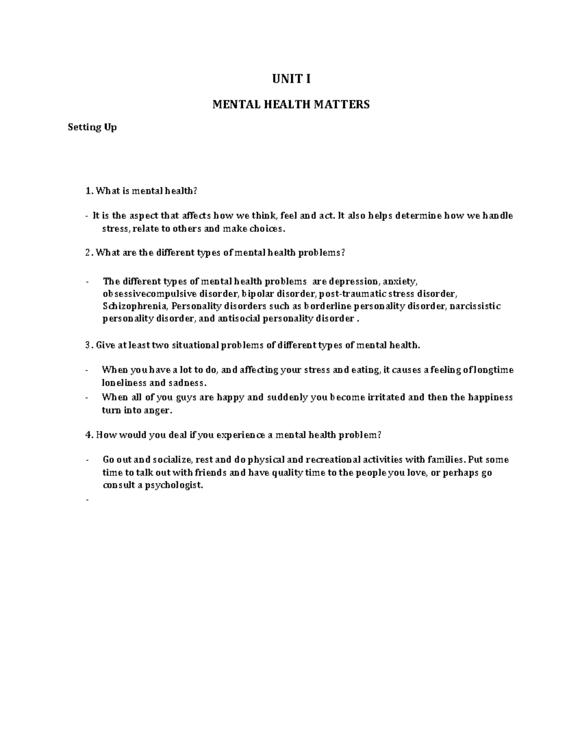 UNIT I - UNIT I MENTAL HEALTH MATTERS Setting Up 1. What is mental ...