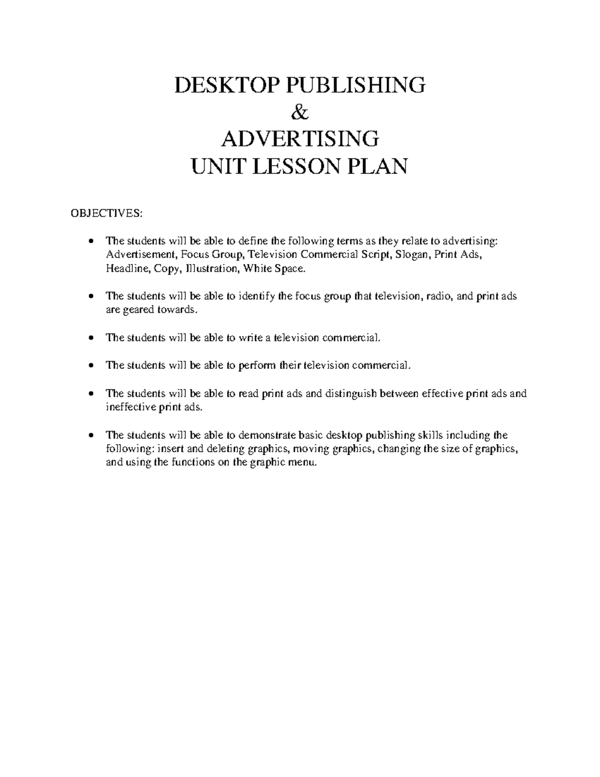 Desktop Publishing and Advertising Unit Lesson Plan - DESKTOP ...