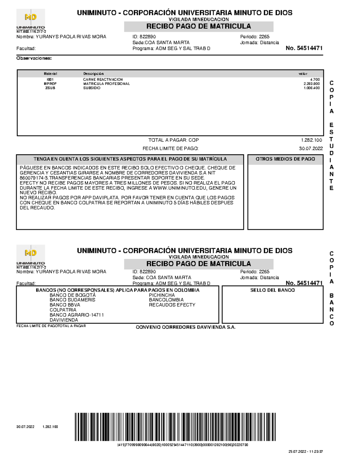 Recibo de pago - mmnb - C O P I A E S T U D I A N T E C O P I A B A N C ...