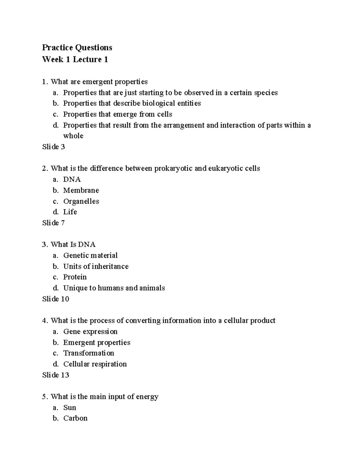 BIO 131 '23-24 Exam 1 Practice Questions - Practice Questions Week 1 ...