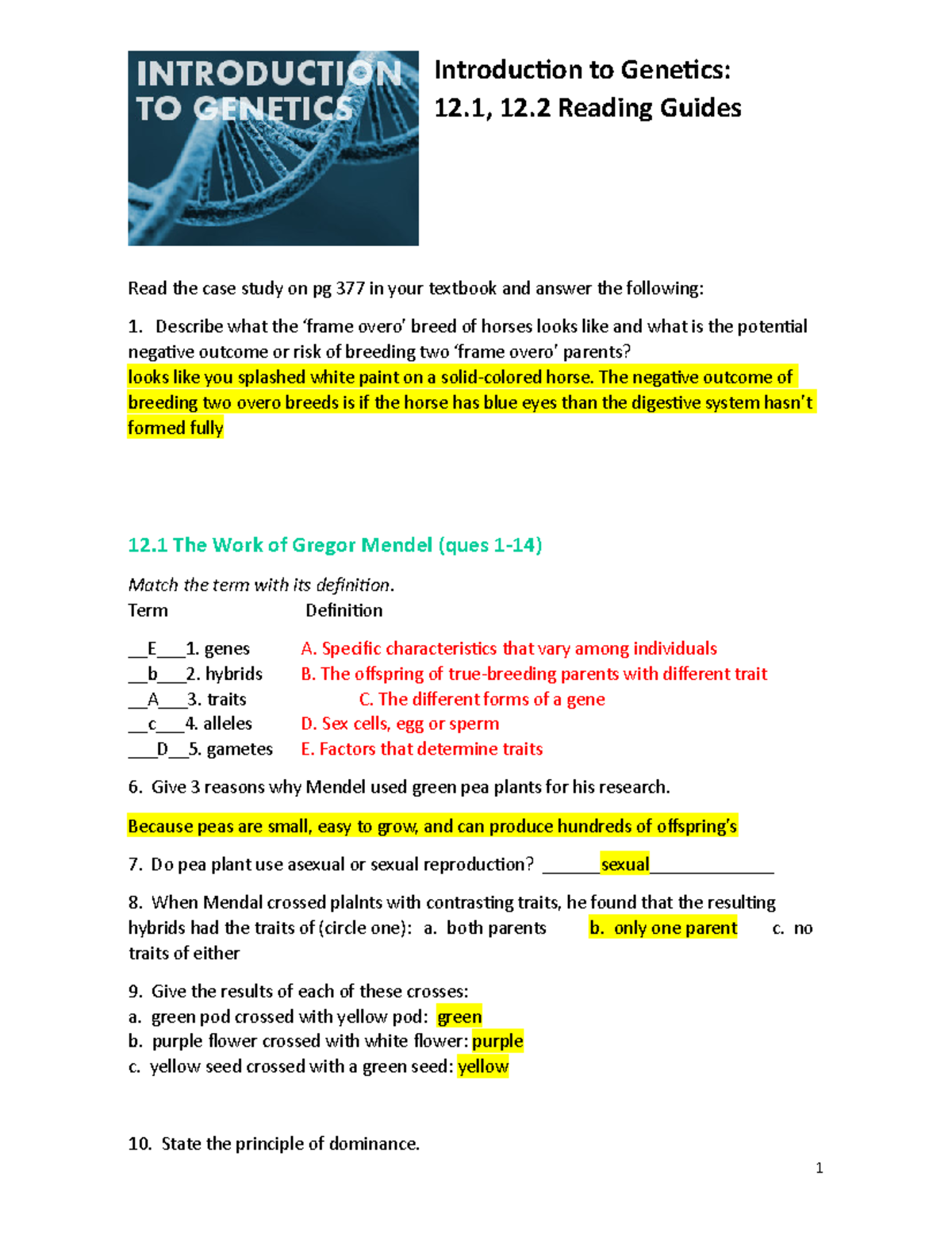 12.1, 12.2 Reading Guides (1) done gggg - Introduction to Genetics: 12 ...