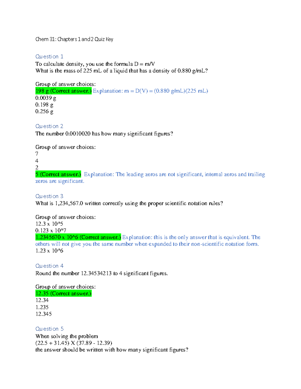 Chem 31 - Chapters 1 and 2 Quiz Key - Chem 31: Chapters 1 and 2 Quiz ...