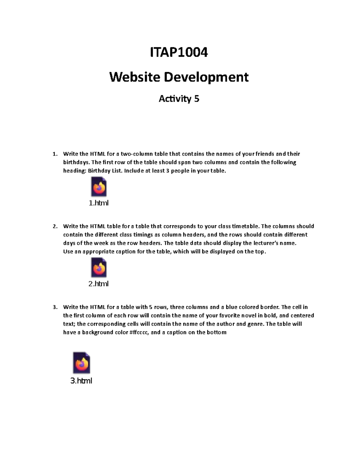 Activity 5 - ITAP Website Development Activity 5 Write the HTML for a ...