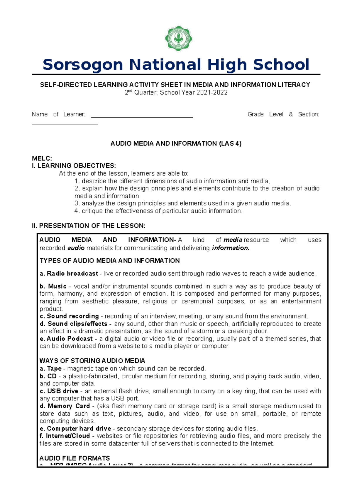 MIL Q2 LAS 4 - rvww - Sorsogon National High School SELF-DIRECTED ...