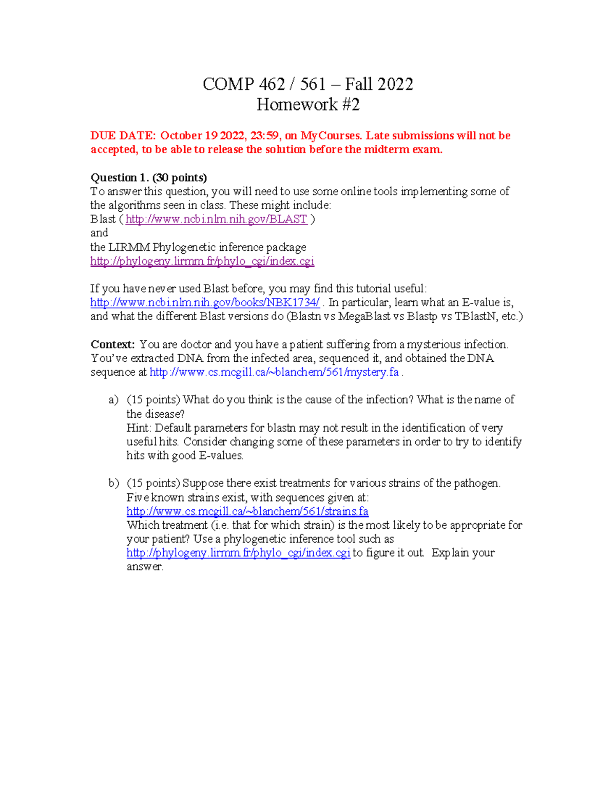 HW2 2022 - aaaa - COMP 462 / 561 3 Fall 2022 Homework DUE DATE: October ...