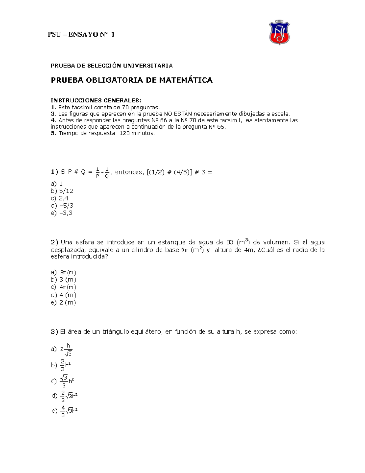 PSU - Ensayo N1 - PRUEBA DE SELECCI”N UNIVERSITARIA PRUEBA OBLIGATORIA DE MATEM¡TICA ...