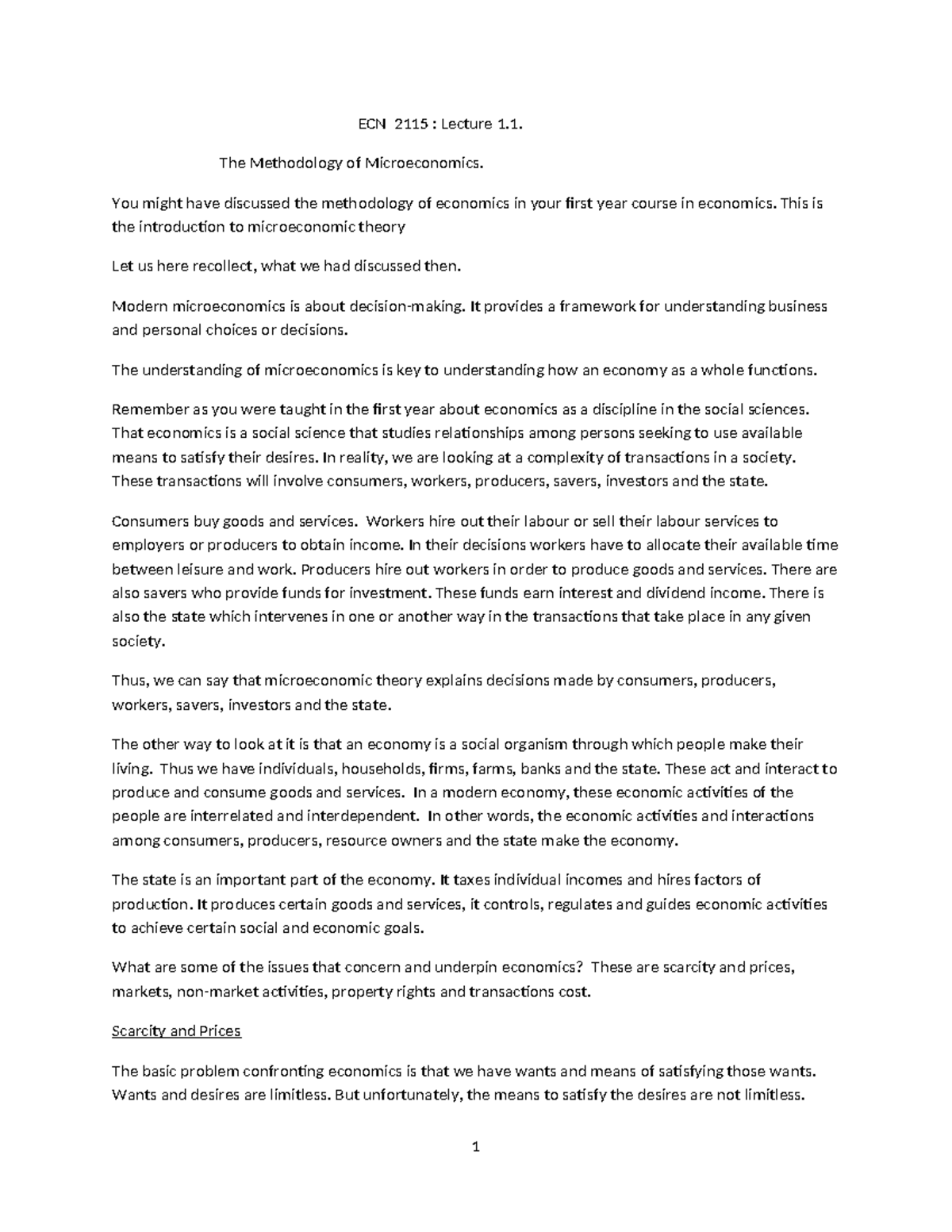 1-1 ECN 2115 Lecture 1-1 Methodology - ECN 2115 : Lecture 1. The Methodology of Microeconomics ...