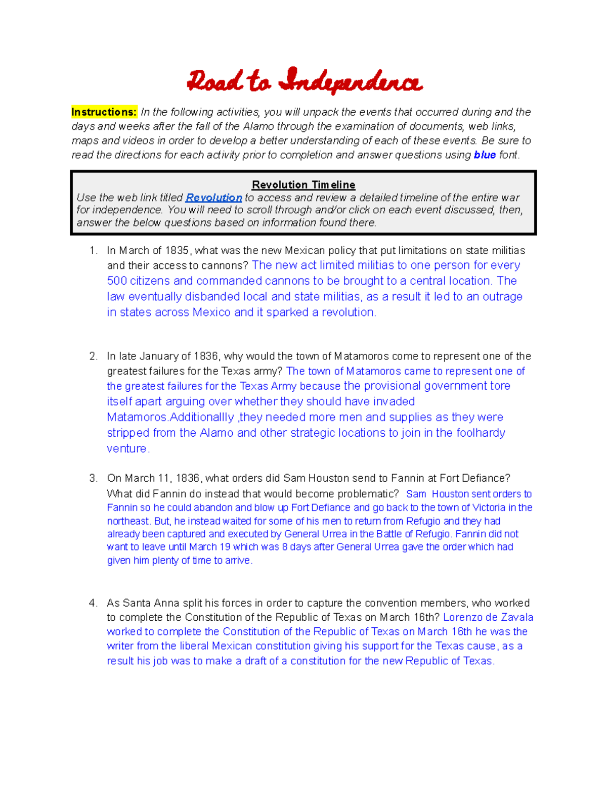Copy of Road to Independence - Road to Independence Instructions: In ...