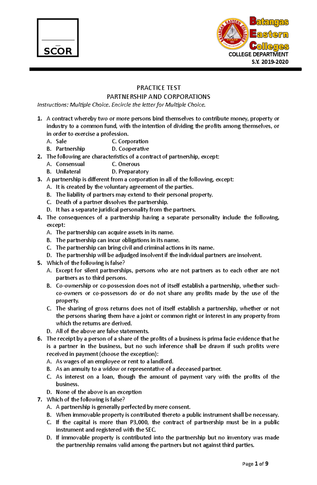 Practice-Test - TEST - PRACTICE TEST PARTNERSHIP AND CORPORATIONS ...