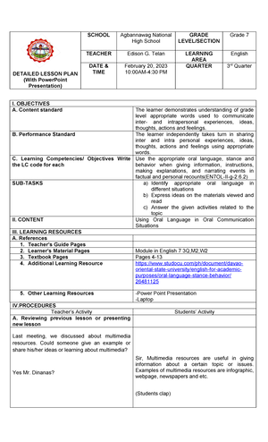 #5 DLP Speech - teaching demonstration - DETAILED LESSON PLAN (With ...