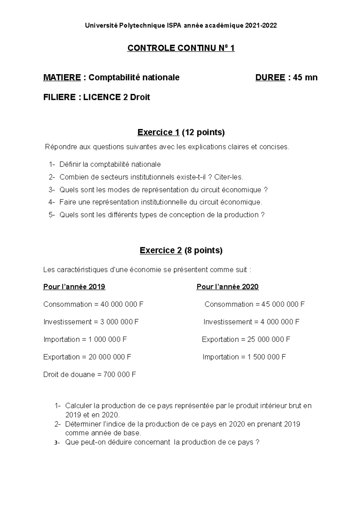 Controle Continu N0 1 EOE - Université Polytechnique ISPA année ...