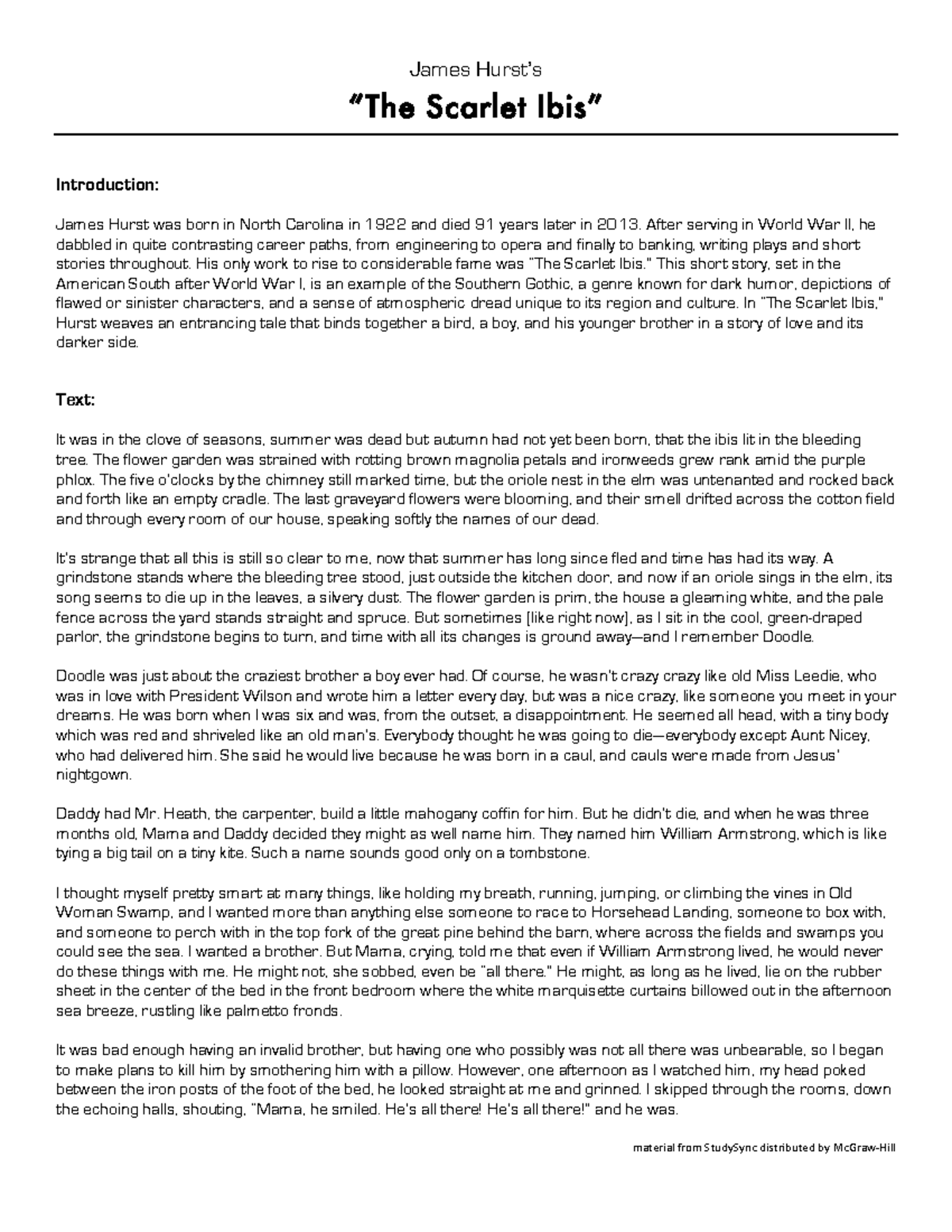 Ibis TEXT - sigma - James Hurst’s “The Scarlet Ibis” Introduction ...