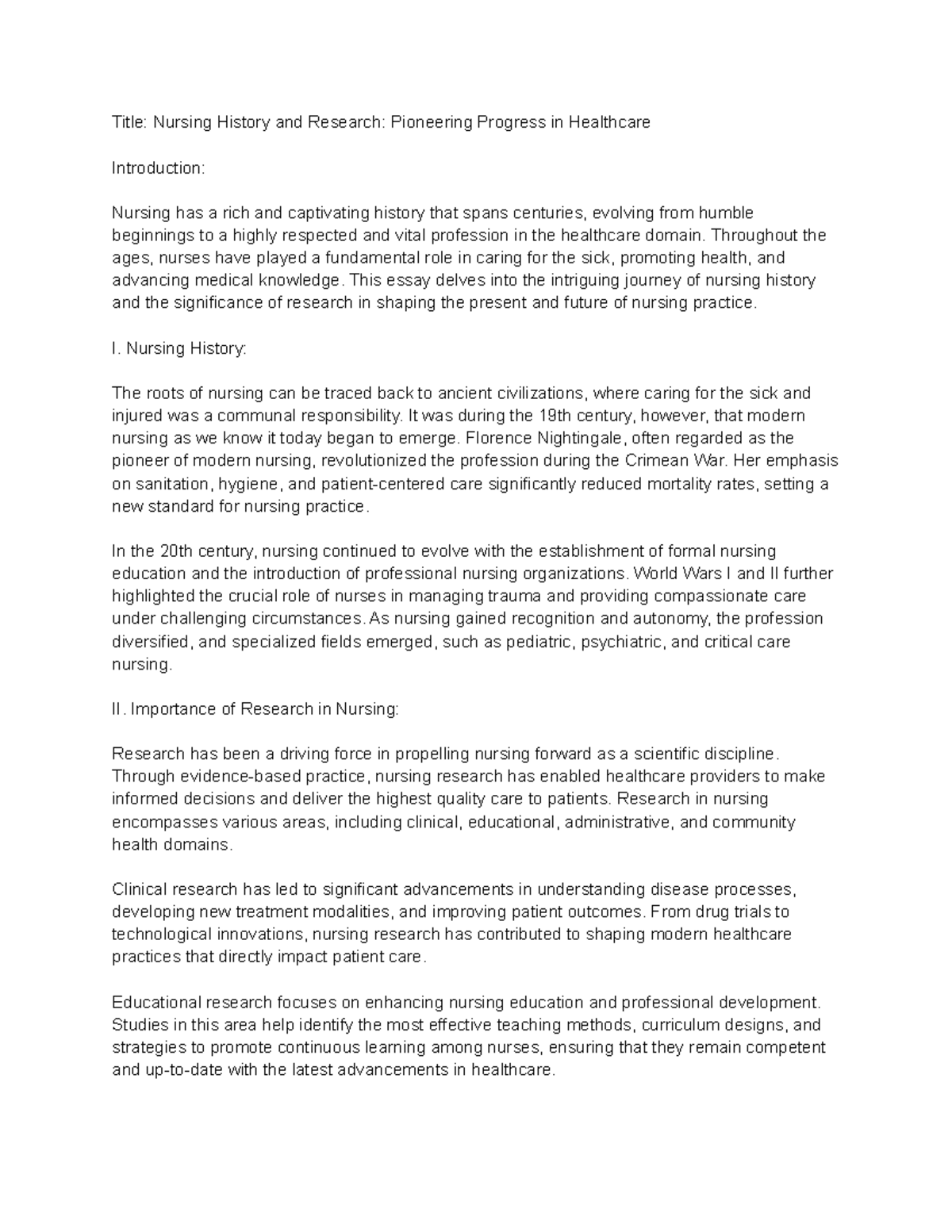 The History of Nursing - Notes - Title: Nursing History and Research ...