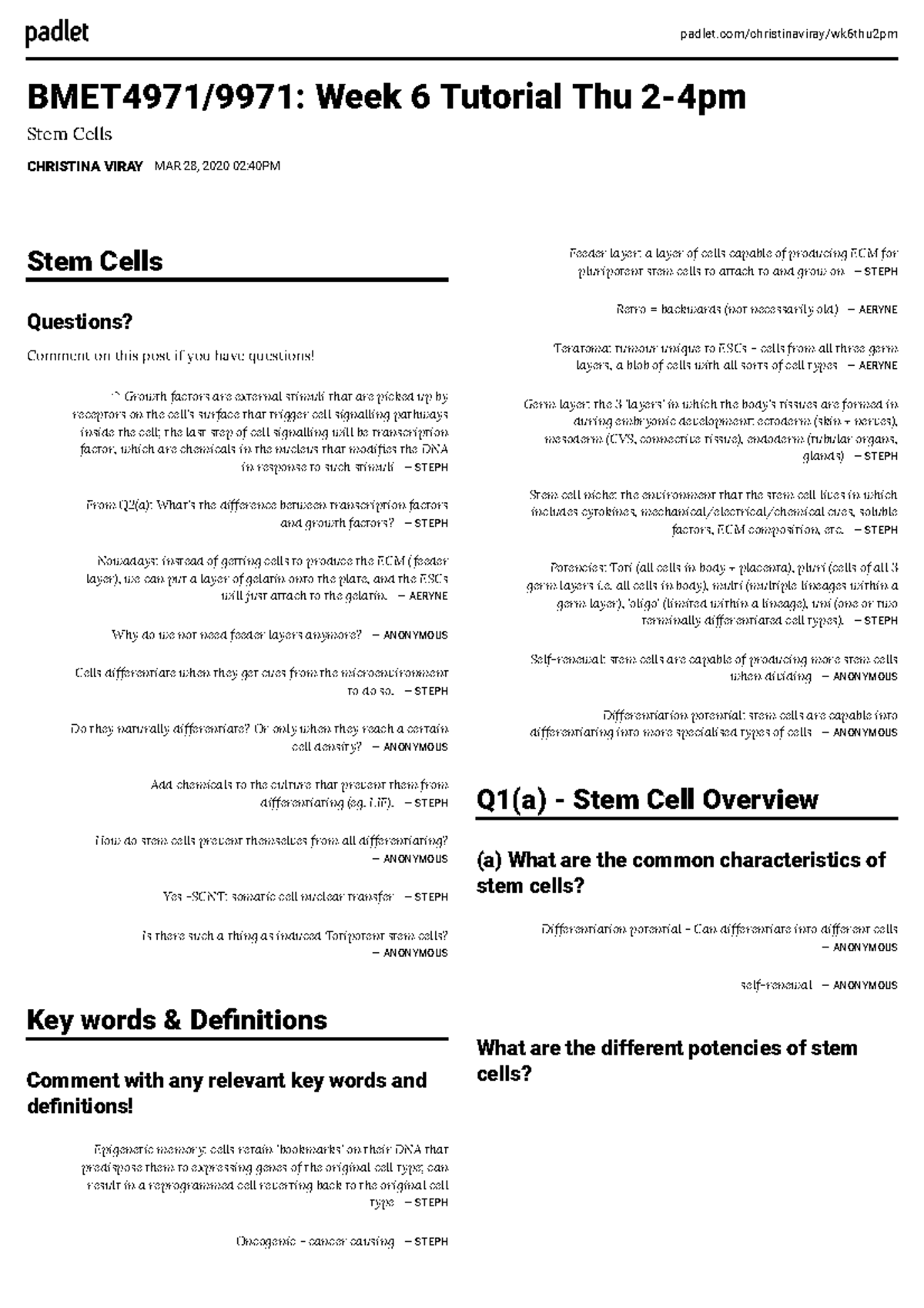 Padlet Week 6 - padlet/christinaviray/wk6thu2pm BMET4971/9971: Week 6 ...