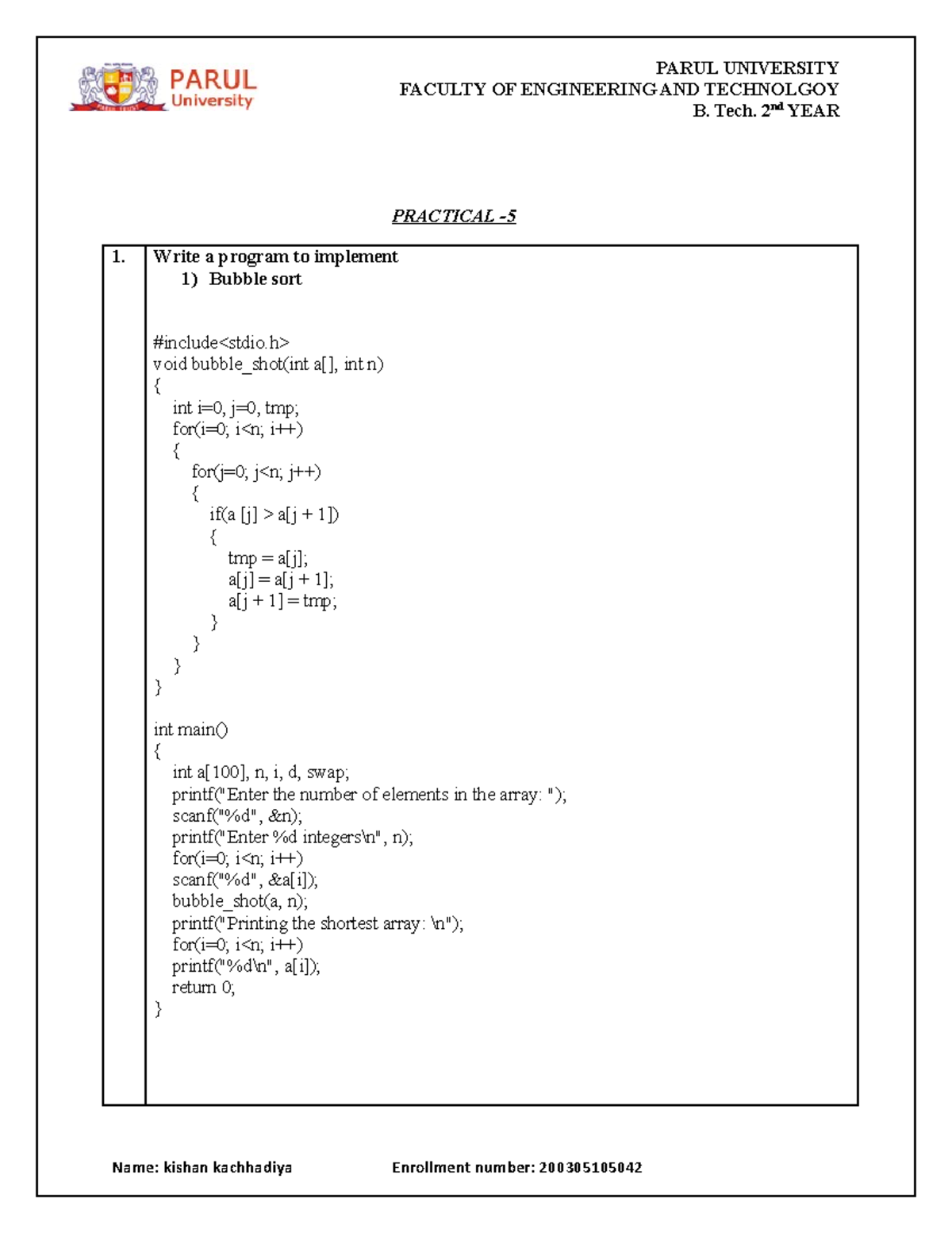 2003 05105042 kishan kachhadiya set-05 - FACULTY OF ENGINEERING AND TECHNOLGOY B. Tech. 2nd YEAR ...