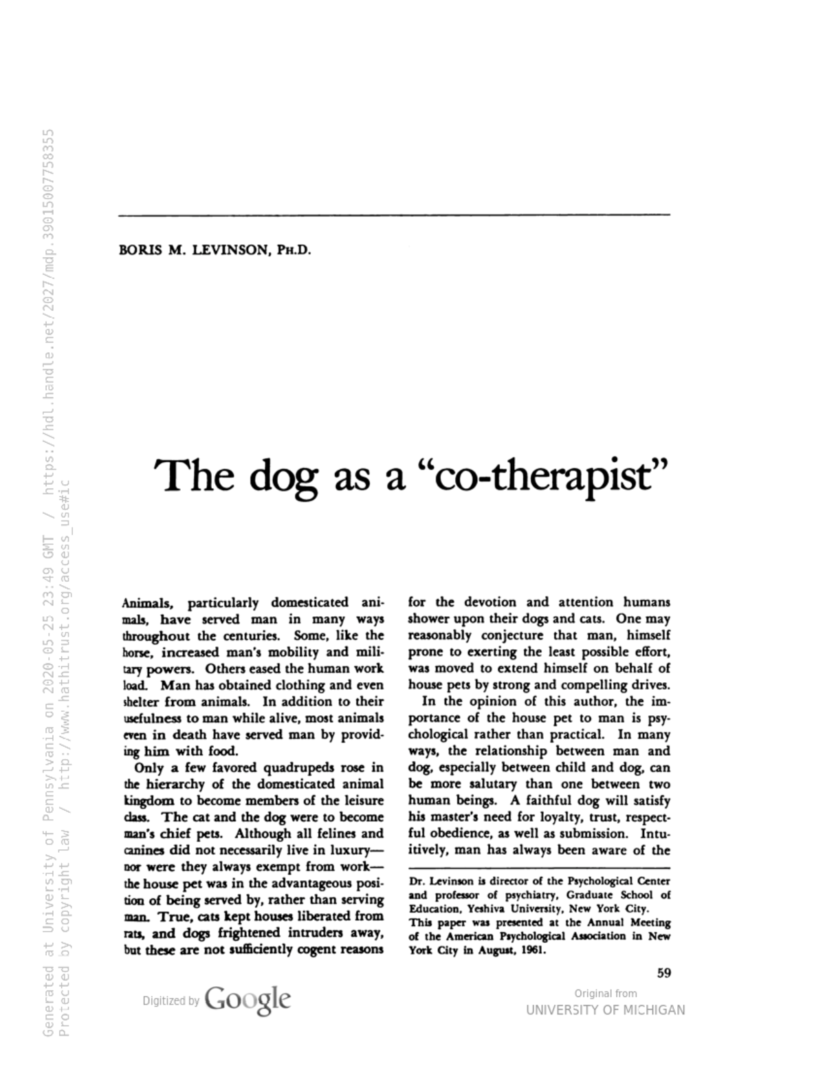 Levinson Dog as Cotherapist - ####### BORIS M. LEVINSON, Ph. The dog as ...