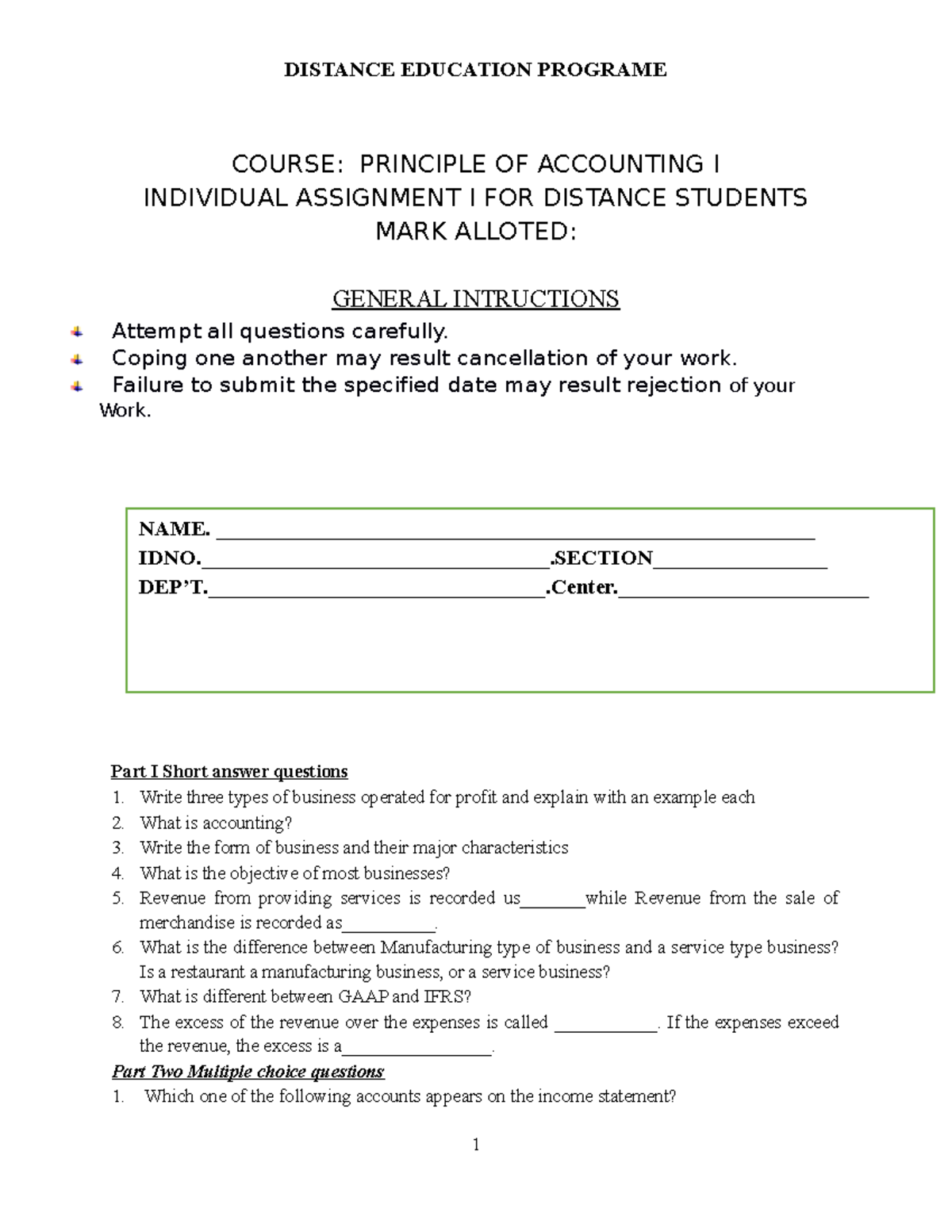 Assigment FOR Principle OF Accounting I - DISTANCE EDUCATION PROGRAME ...