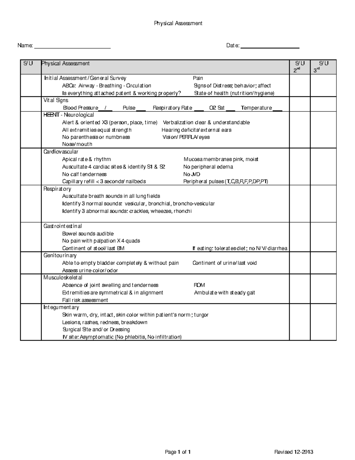 Nursing Physical Assessment - Physical Assessment Name ...