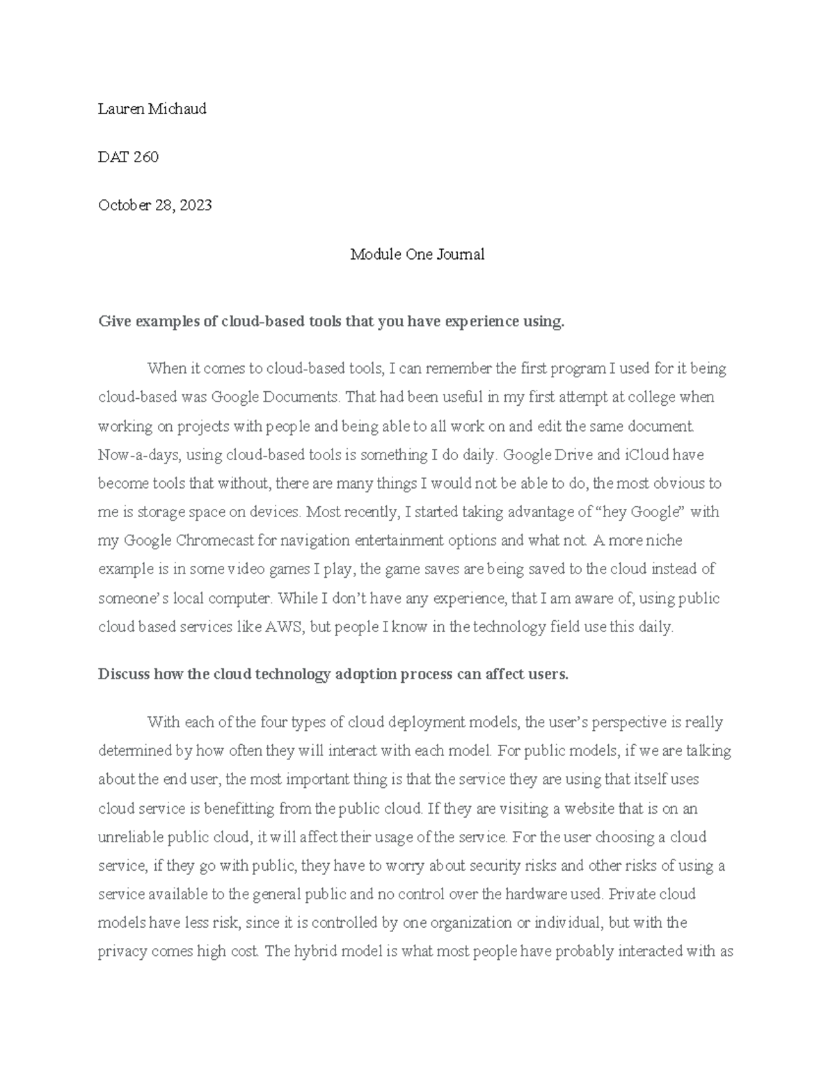 Michaud Module One Journal - Lauren Michaud DAT 260 October 28, 2023 ...