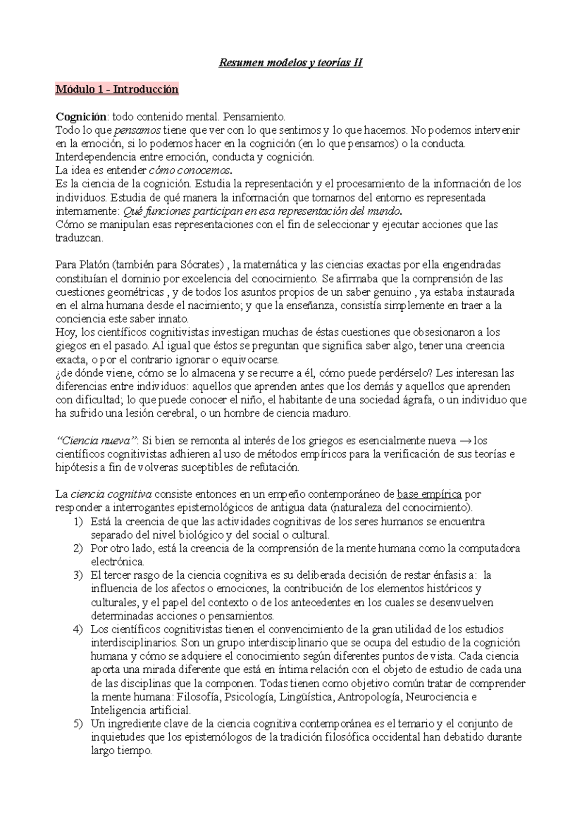 Resumen modelos y teroías 2 - Resumen modelos y teorías II Módulo 1 ...