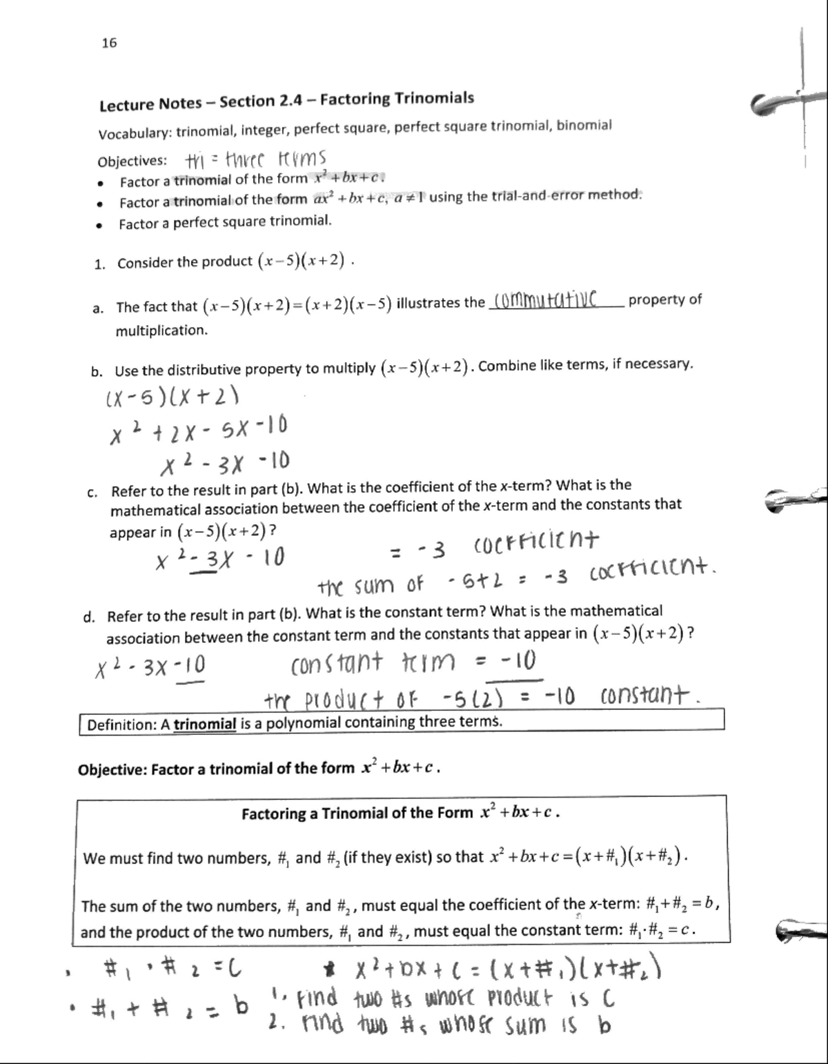 2.4 Notes MAC1105 - 16 Lecture Notes Section 2 Factoring Trinomials ...