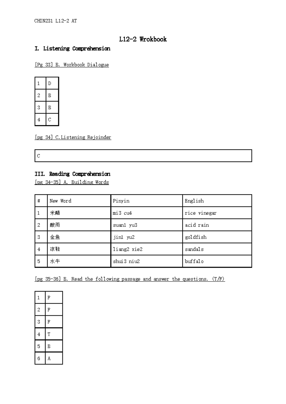L12-2 - workbook - CHIN231 L12-2 AT L12-2 Wrokbook I. Listening ...