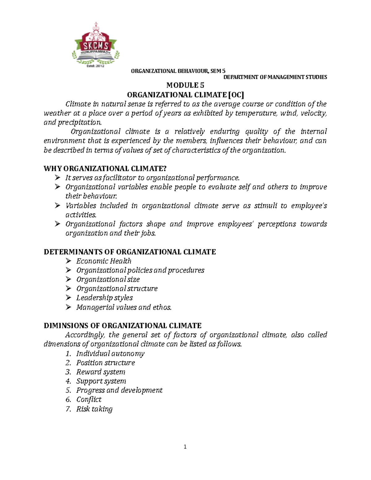 OB Module 5 [ Notes][ Organizational Climate] - DEPARTMENT OF ...