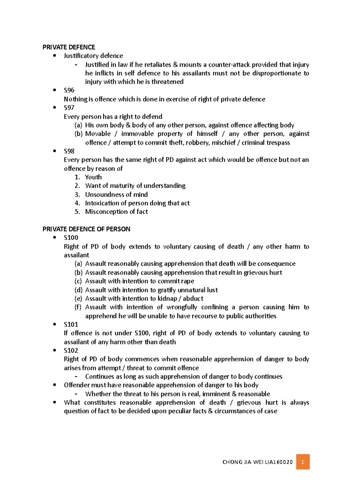 13 Private Defence - Lecture notes 13 - PRIVATE DEFENCE Justificatory ...
