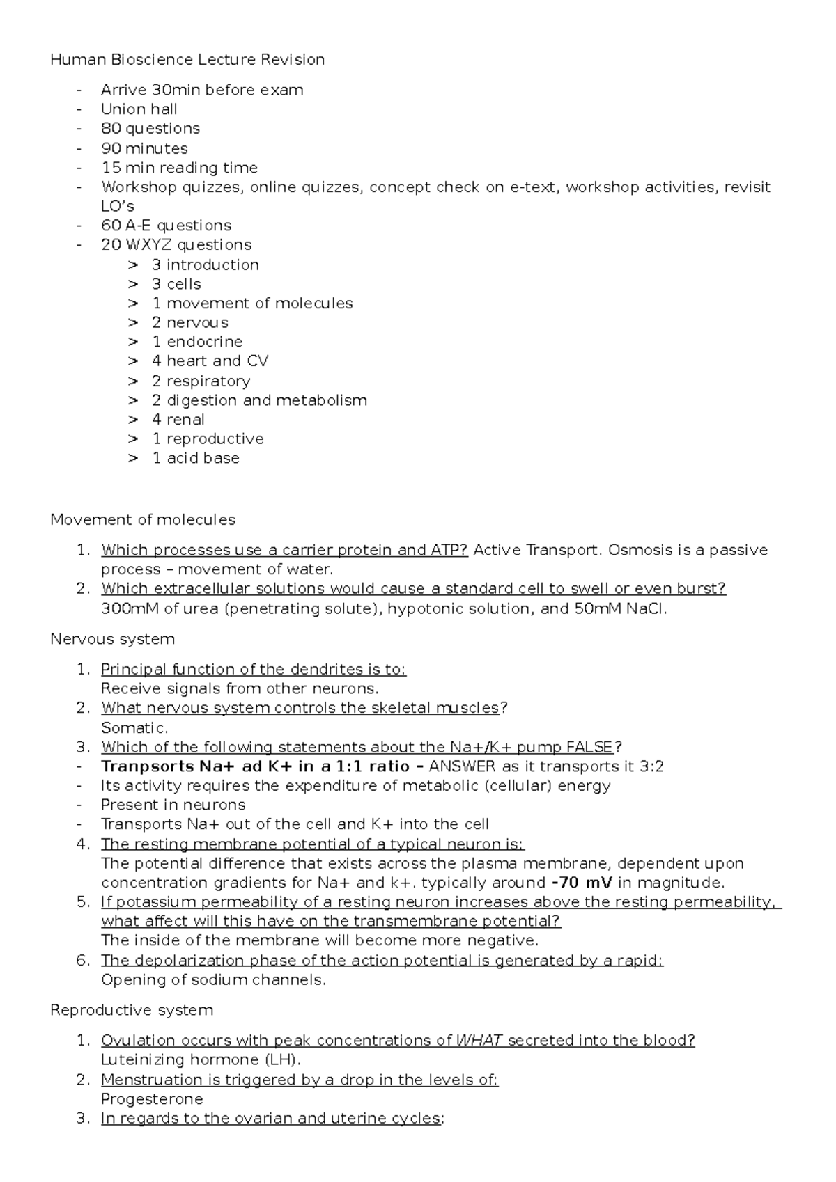 Human Bioscience Lecture Revision - Human Bioscience Lecture Revision ...
