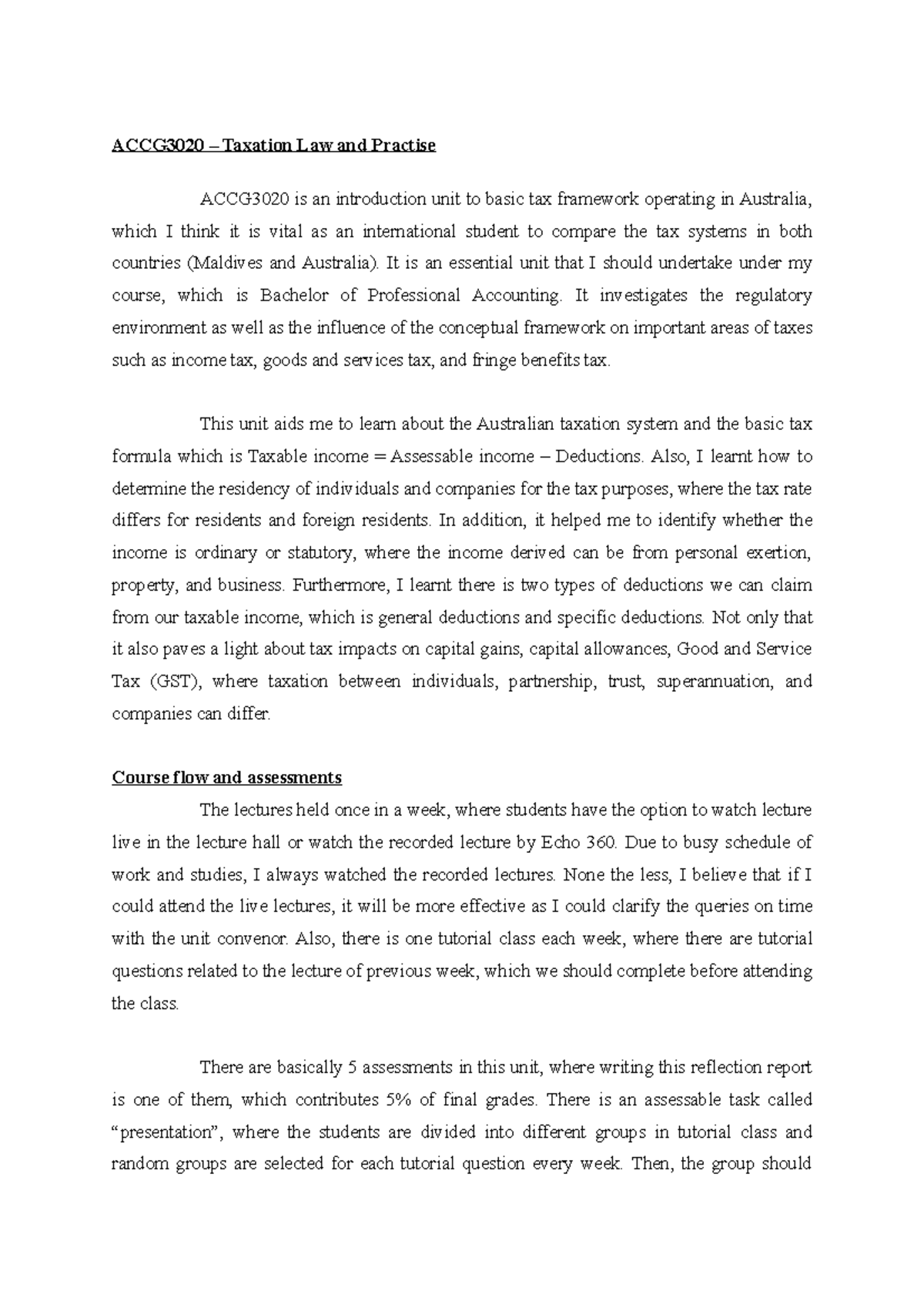 Reflection report 3020 - ACCG3020 – Taxation Law and Practise ACCG3020 ...