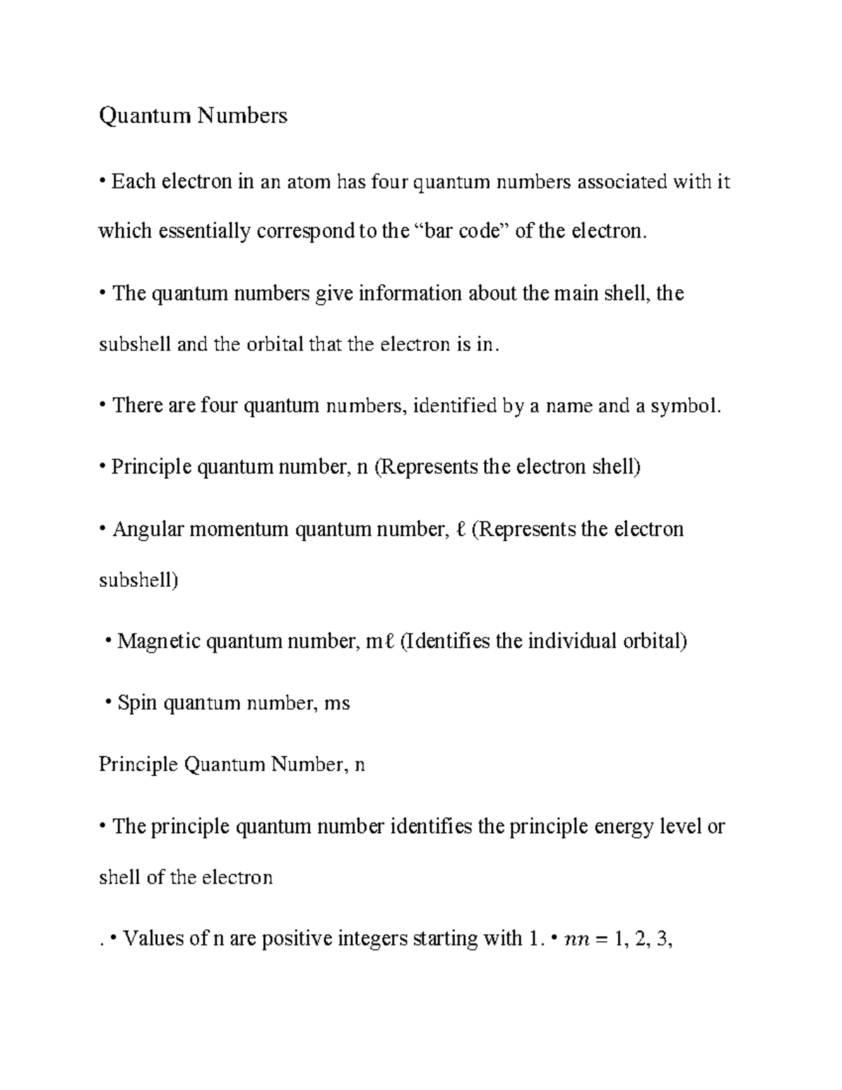 Quantum Numbers - Prof Fernado G lecture Summary notes - Quantum ...