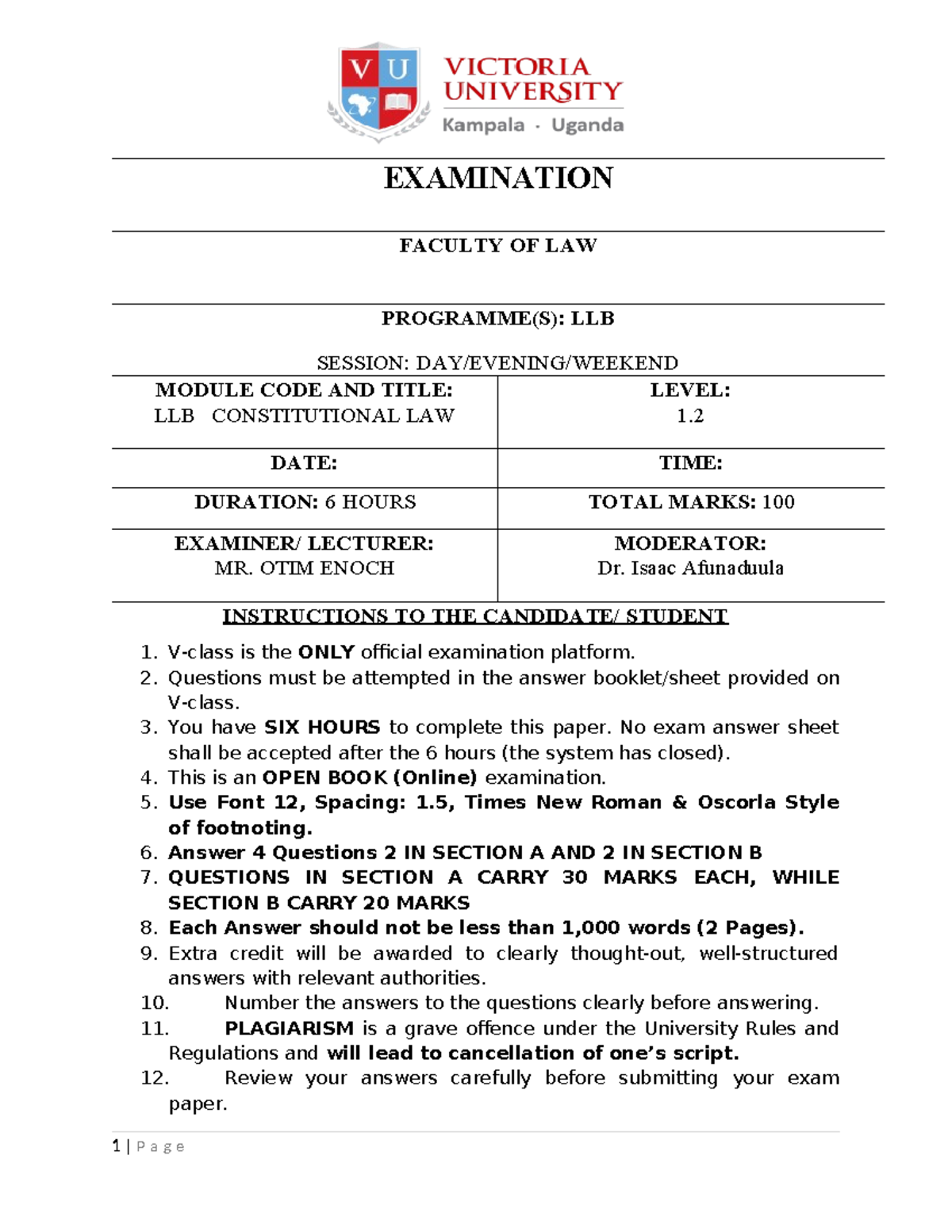 Principles of Constitutional Law II - EXAMINATION FACULTY OF LAW ...
