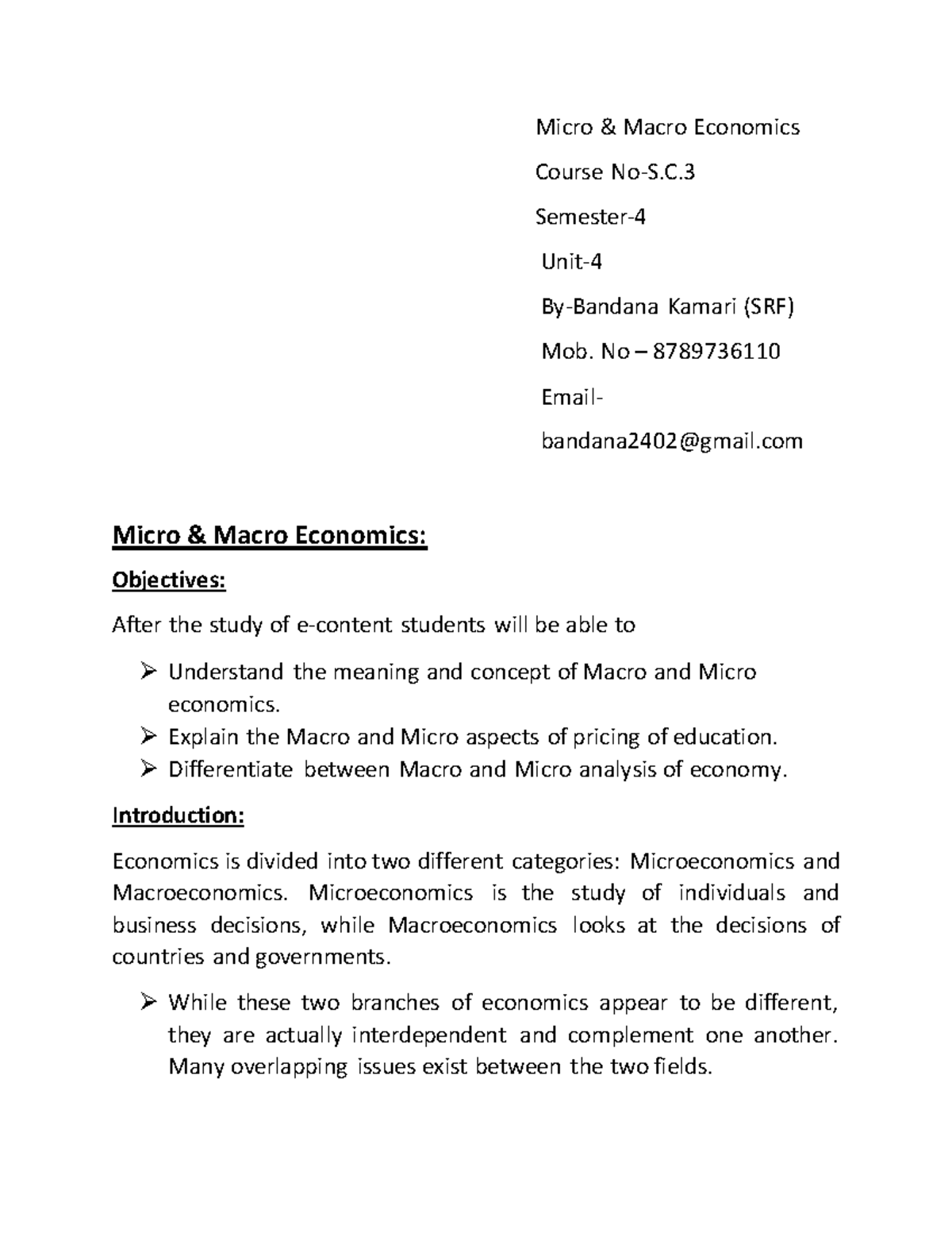 Microeconomics - Micro & Macro Economics Course No-S. Semester- 4 Unit ...