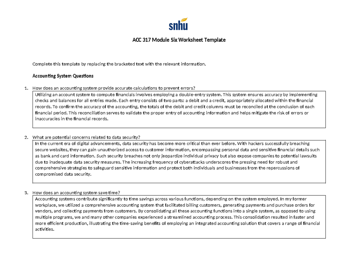 ACC 317 Module Six Worksheet - Accounting System Questions How does an ...